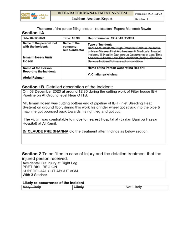 Ismail Hosen Incident Report | PDF | Safety