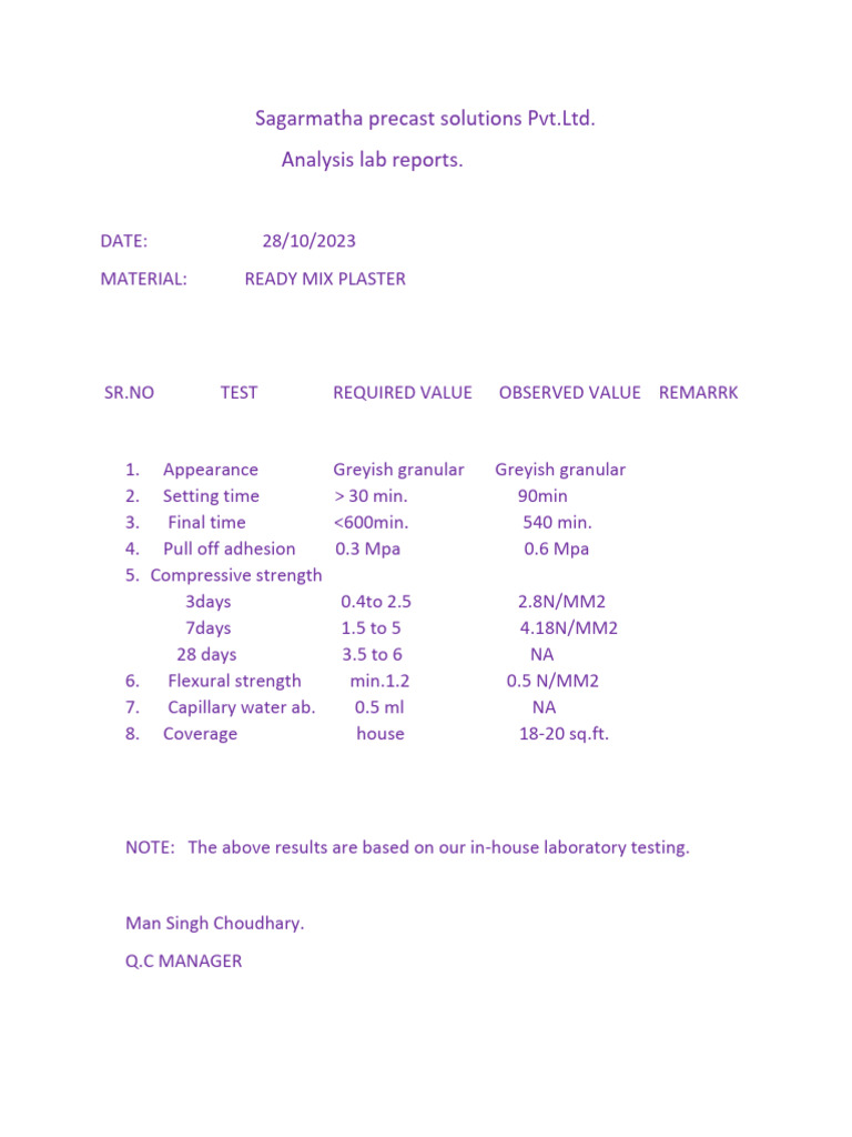 Ready Mix Plaster Test Reports | PDF