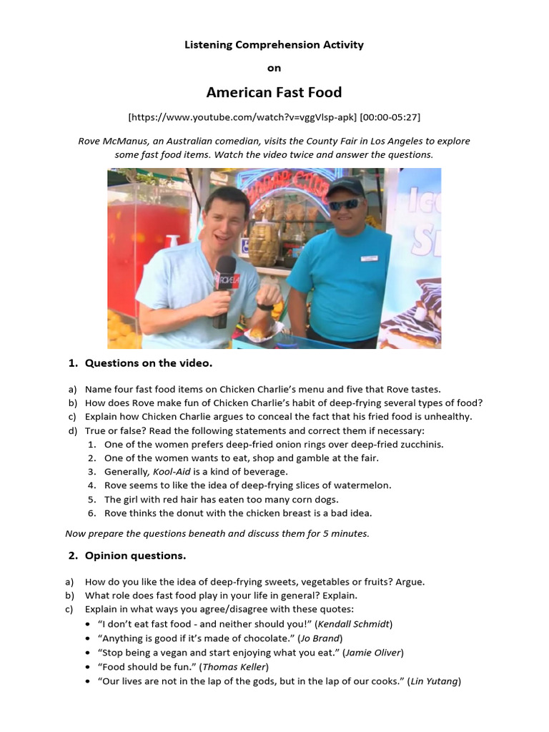 Listening Comprehension Activity Video Worksheet | PDF | Foods | Fast Food