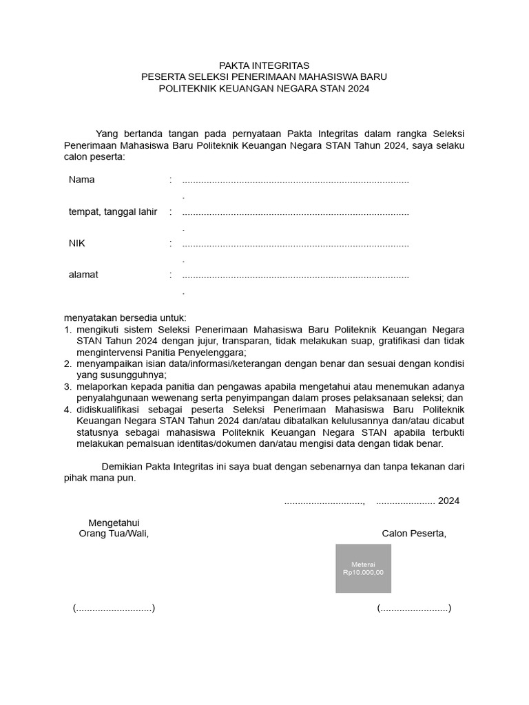 Template Pakta Integritas SPMB 2024 | PDF