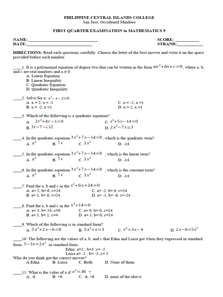 MATH 9 - FIRST QUARTER EXAM | PDF | Equations | Quadratic Equation