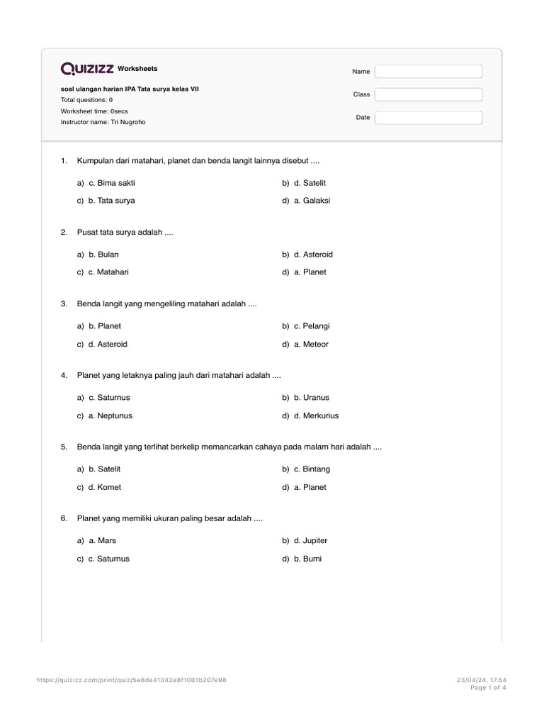 Soal Ulangan Harian IPA Tata Surya Kelas VII Quizizz | PDF | Sains & Matematika
