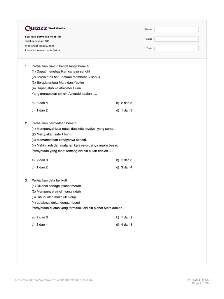 Soal Tata Surya Ipa Kelas VII Quizizz | PDF