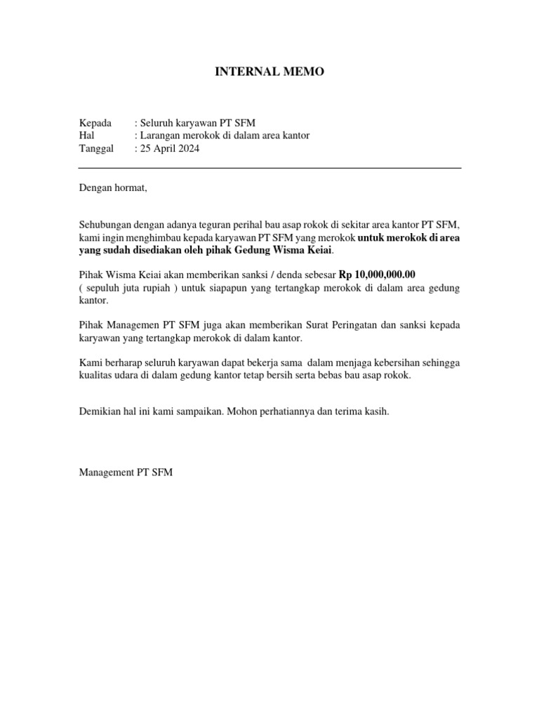 Memo Larangan Merokok Dalam Kantor | PDF | Pengelolaan Keuangan & Uang ...
