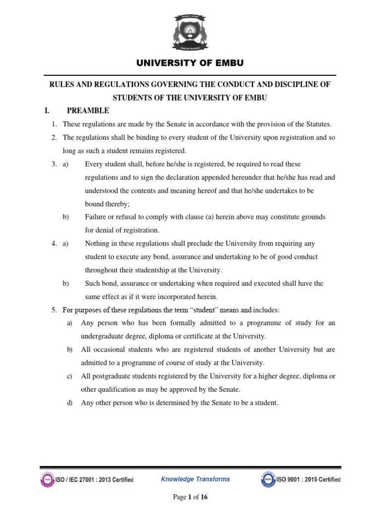 EMBU UNIVERSITY Rules and Regulations | PDF | Cafeteria | Social Media