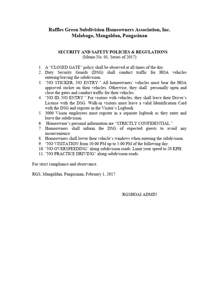 Raffles Green Subdivision Security Policies | PDF | Business