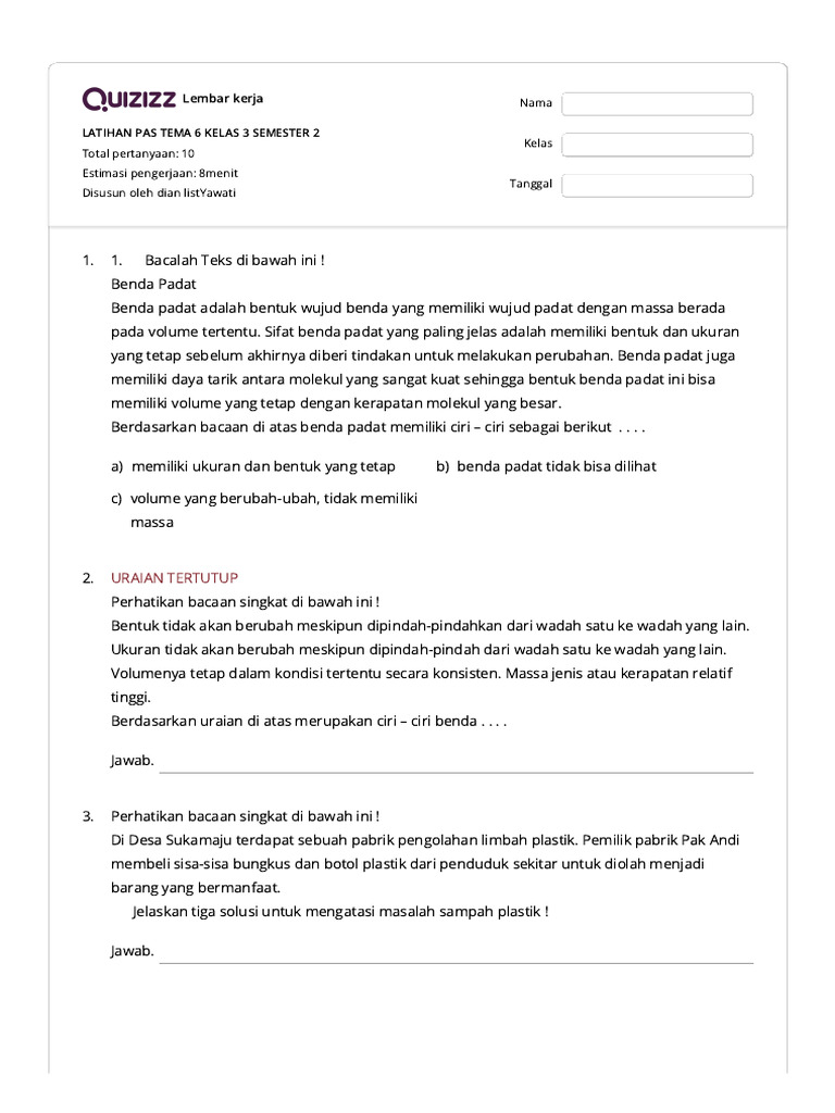 LATIHAN PAS TEMA 6 KELAS 3 SEMESTER 2 - Quizizz | PDF | Griya & Taman