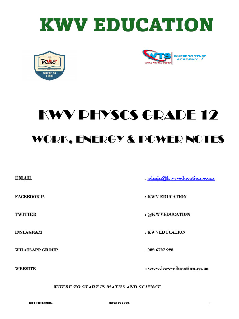 KWV 12 Physcs Work Energy and Power Notes | PDF | Force | Power (Physics)