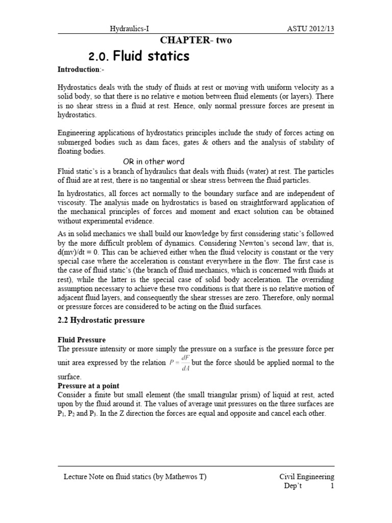 Chapter-2 Fluid Statics | Download Free PDF | Buoyancy | Pressure Measurement