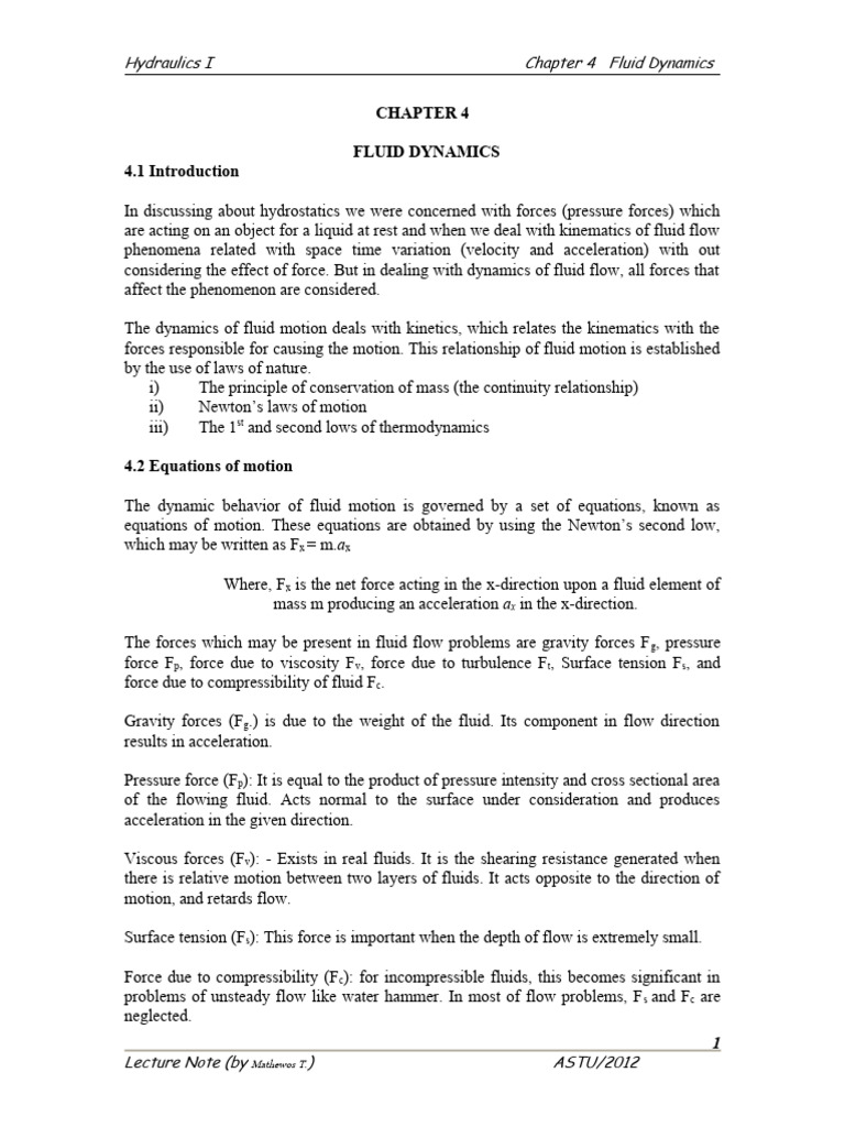 Chapter-4 Fluid Dynamics | PDF | Fluid Dynamics | Force