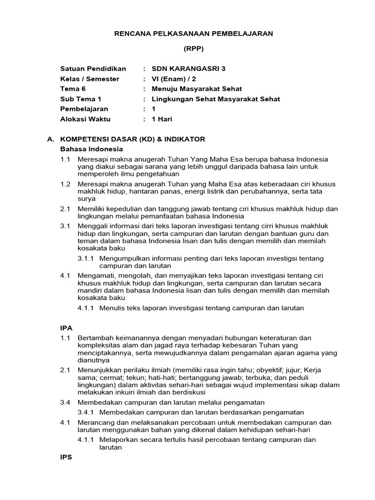 RPP Kelas VI Tema 6 - Menuju Masyarakat Sehat-1 | PDF | Sains & Matematika