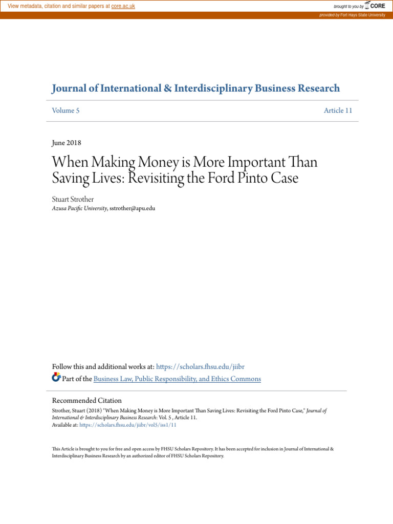 When Making Money Is More Important Than Saving Lives: Revisiting The Ford Pinto Case | PDF ...