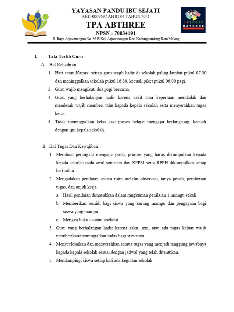 Tata Tertib Guru TPA ABTHREE | PDF | Karier & Perkembangan ...