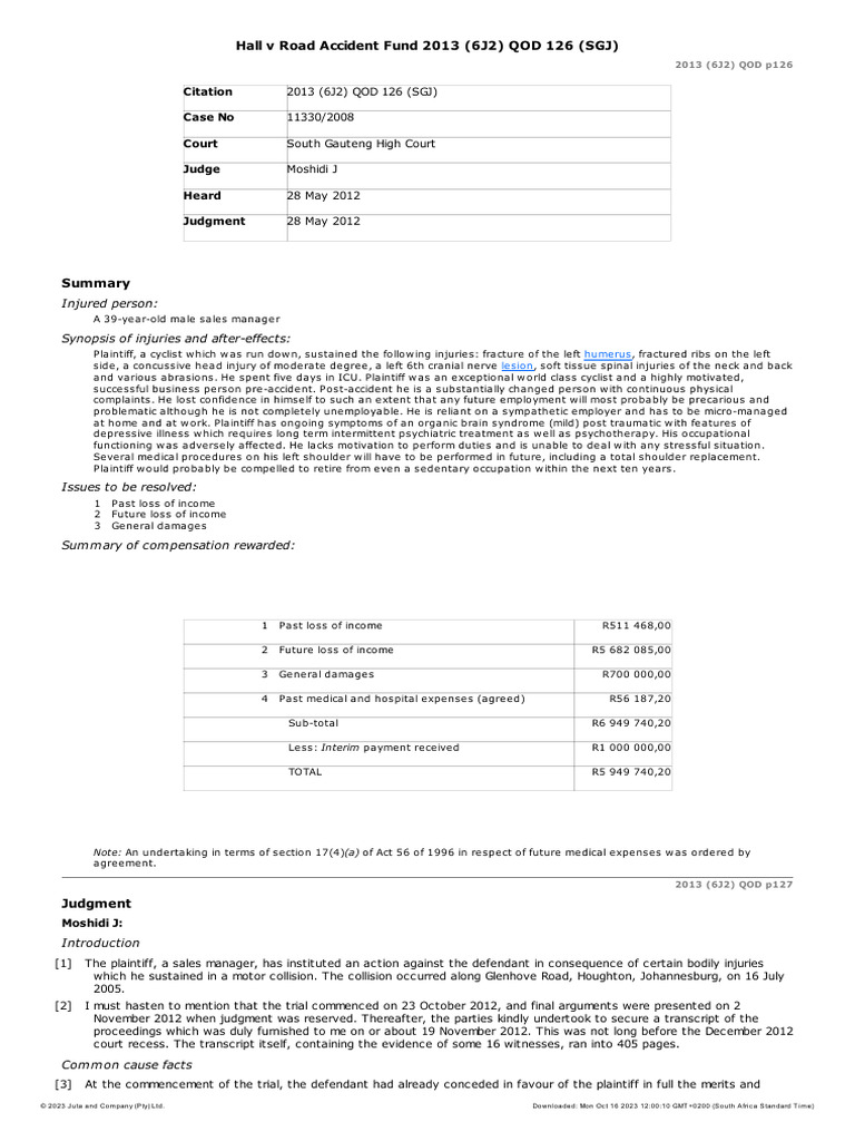 Hall V Road Accident Fund 2013 (6J2) QOD 126 (SGJ) | PDF | Psychiatry ...