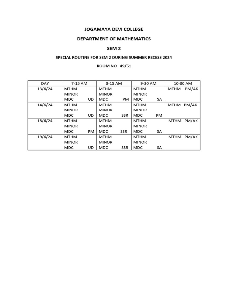 Special Routine For Sem 2 2024 | PDF