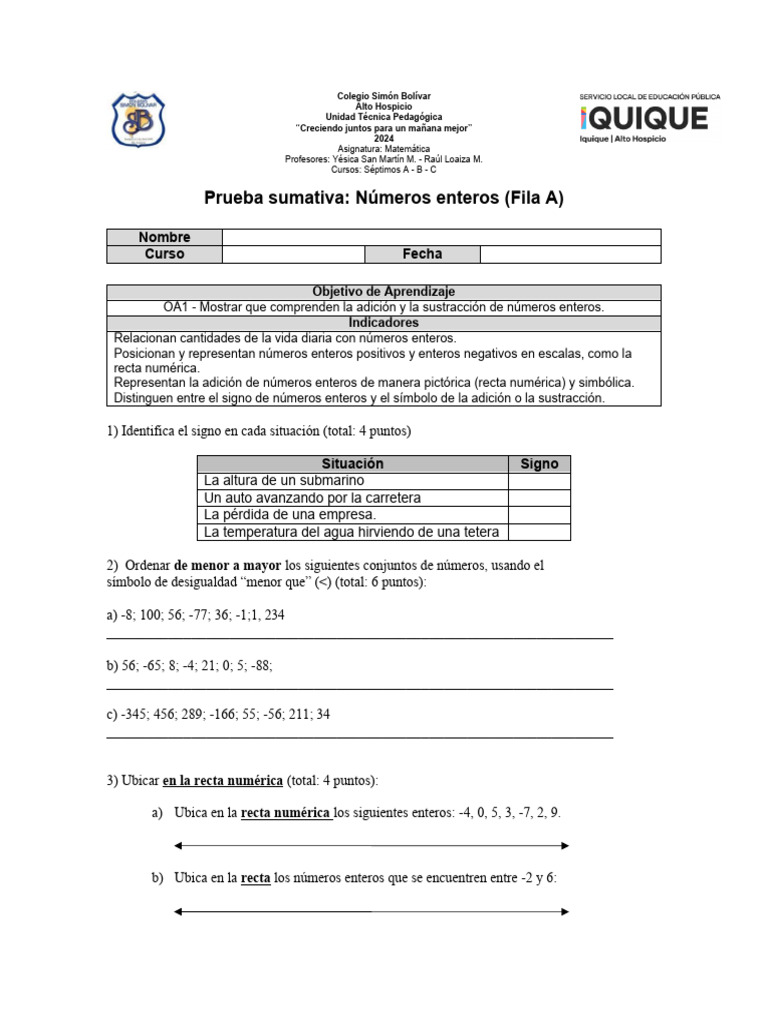 Prueba Sumativa - Números Enteros (Fila A) | PDF | Entero | Notación ...