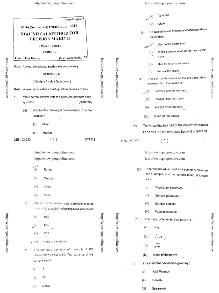 Mba 1 Sem Statistical Method For Decision Making MB 103 2019 | PDF