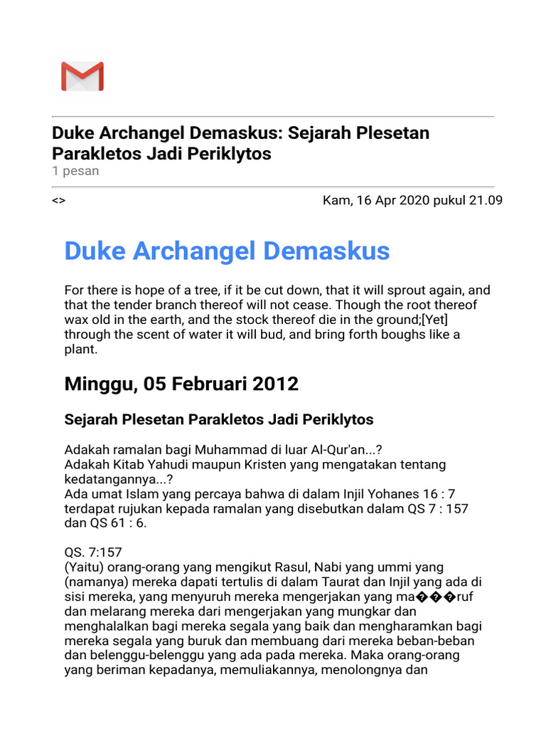 Duke Archangel Demaskus - Sejarah Plesetan Parakletos Jadi Periklytos | PDF