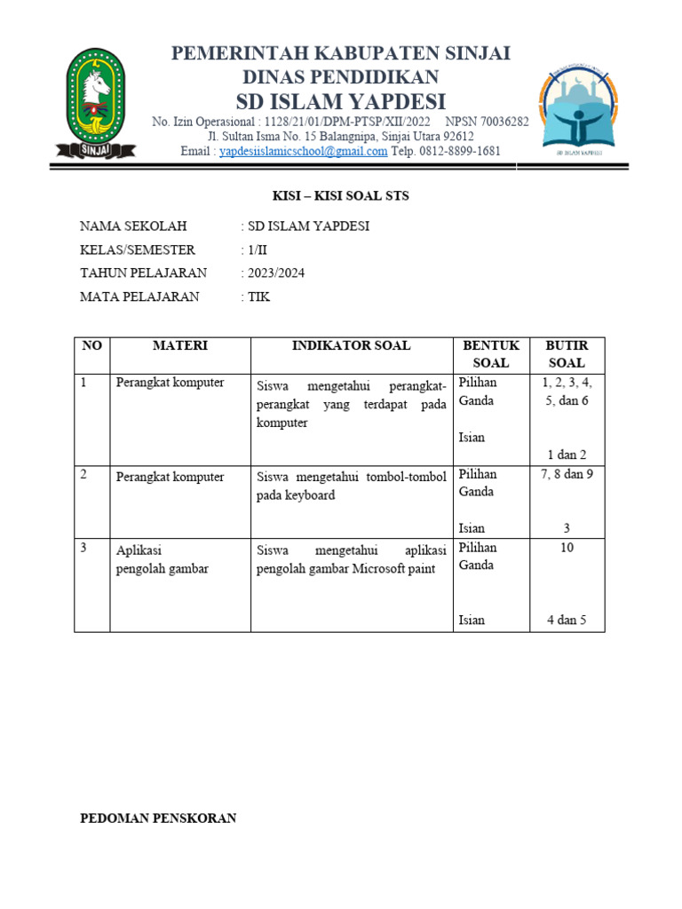 Kisi-Kisi STS Tik 1 | PDF