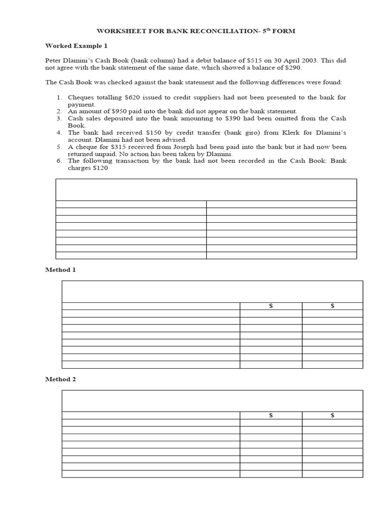 BANK RECONCILIATION - Worksheet | PDF | Cheque | Banks