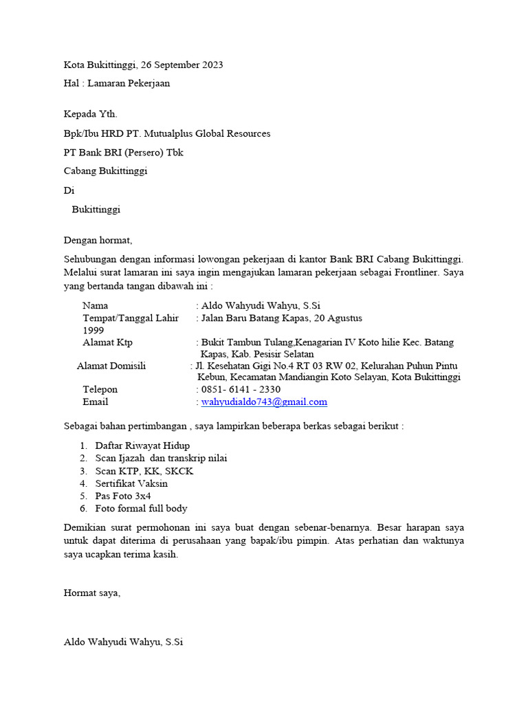 Aldo Wahyudi Wahyu - Berkas Lamaran BRI KC BUKITINGGI | PDF | Karier & Perkembangan