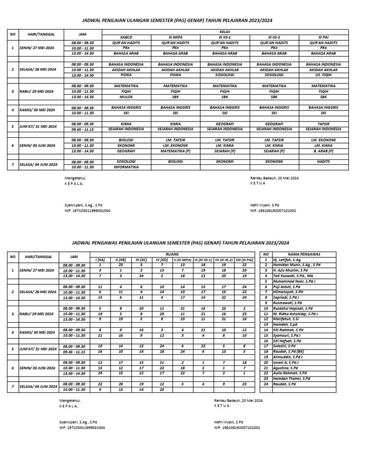 JADWAL DAN MENGAWAS PAS GENAP 2023 2024 | PDF