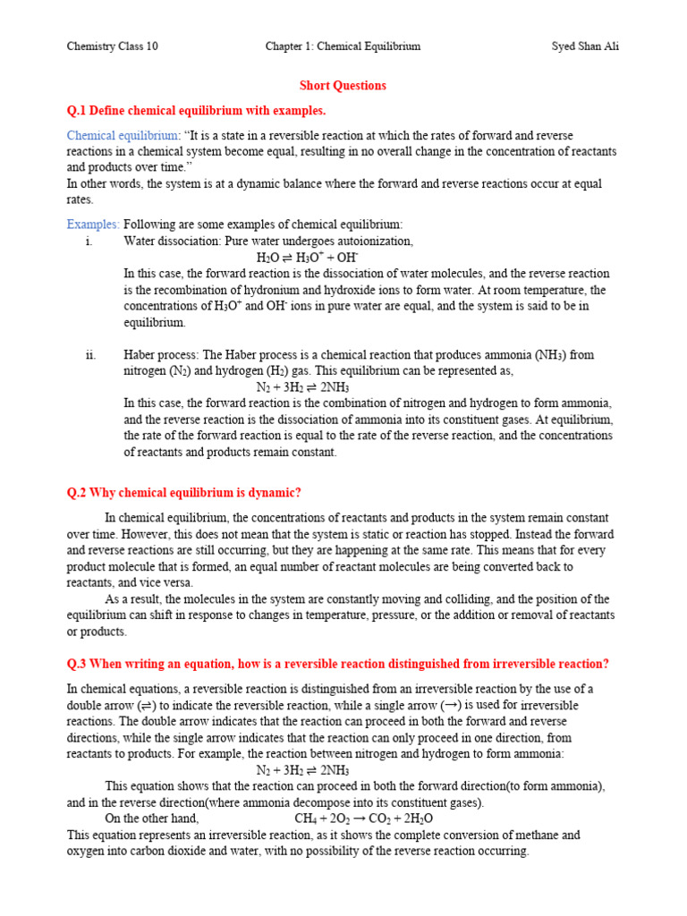 Chemical Equilibrium in Class 10 Chemistry | PDF | Chemical Equilibrium ...
