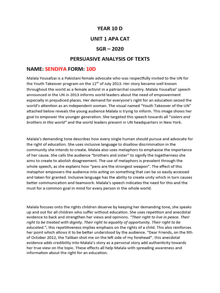 2020 Year 10d - Practise - Apa Malala Speech Template | PDF | Malala ...