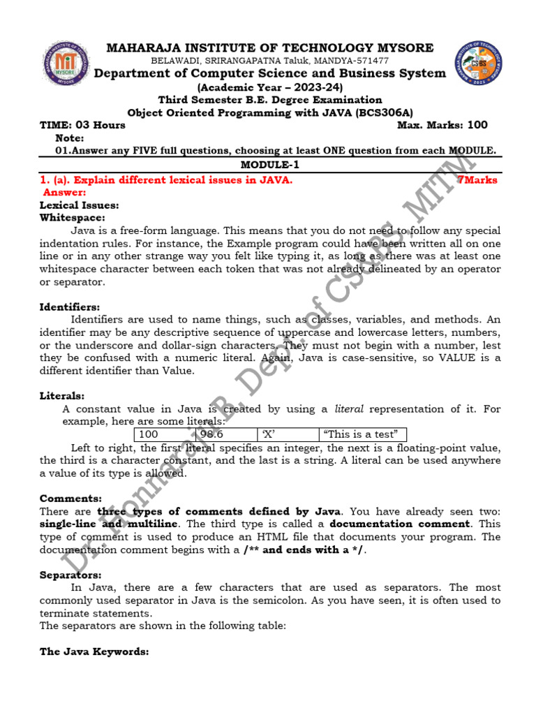 OOPS WITH JAVA BCS306A - Model Paper Solution | PDF | Constructor ... OOPS WITH JAVA BCS306A - Model Paper Solution | PDF | Constructor ...