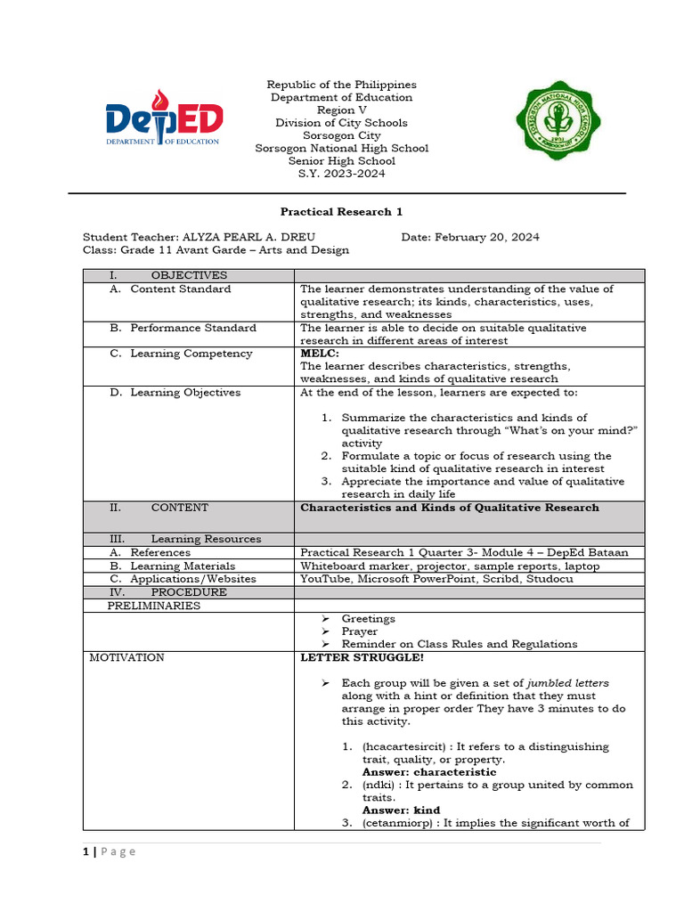 PR1 LP Describes Characteristics & Kinds of Quali. Research | PDF ...
