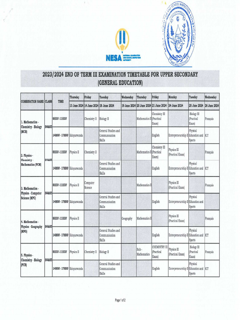 (Upper Secondary - GE) End of Term III Examination Timetable (2023-2024) - Signed | PDF