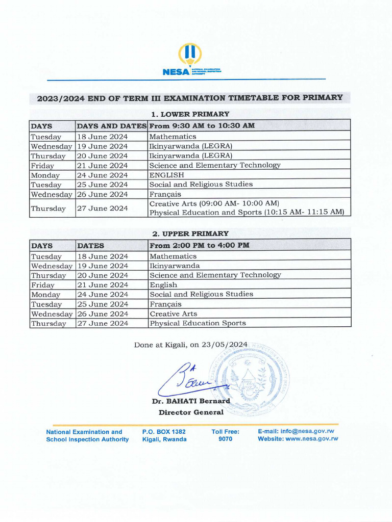 (Primary) End of Term III Examination Timetable (2023-2024) - Signed | PDF