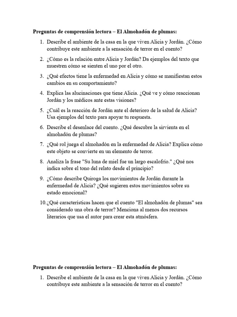 Preguntas de comprensión: El Almohadón de Plumas | PDF | Cuentos