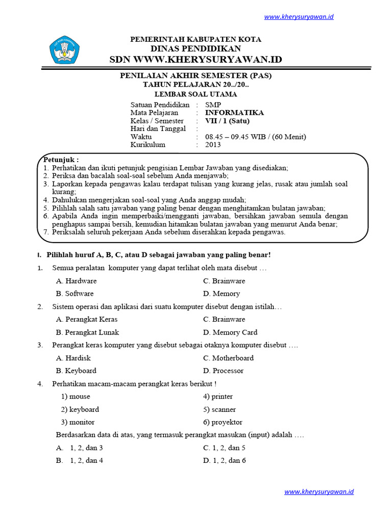 SOAL PAS INFORMATIKA KELAS VII - WWW - Kherysuryawan.id | PDF