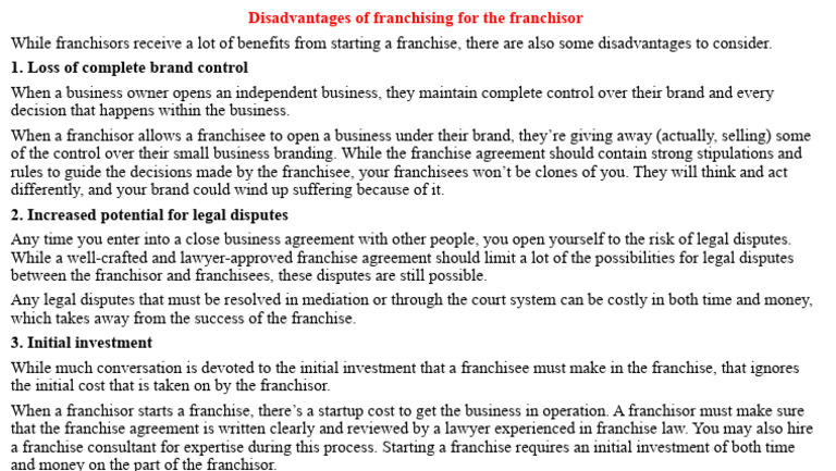 Disadvantages of Franchising For The Franchisor | PDF