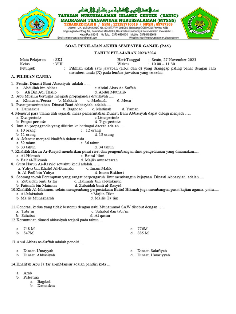 Soal PAS SKI Kls VIII TP. 2023-2024 | PDF