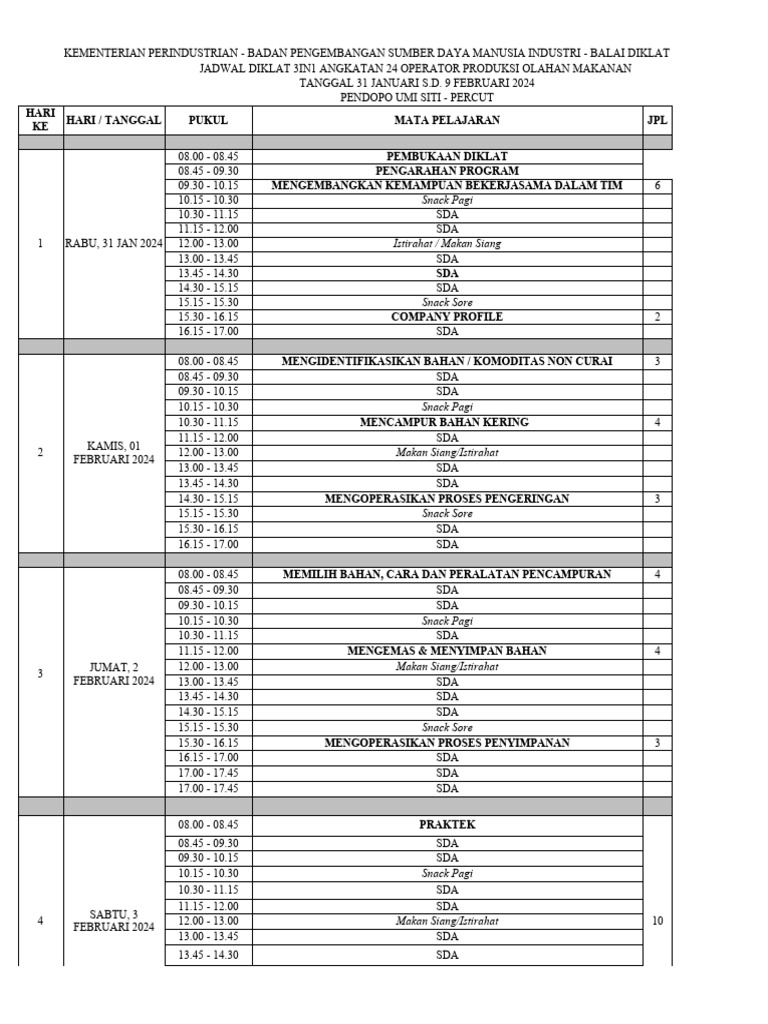 Jadwal Angkatan 24 Pendopo Umi Siti - XLSX Last | PDF