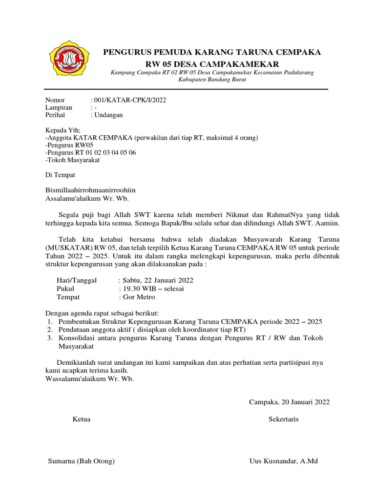 Undangan Rapat Karang Taruna 2022 | PDF