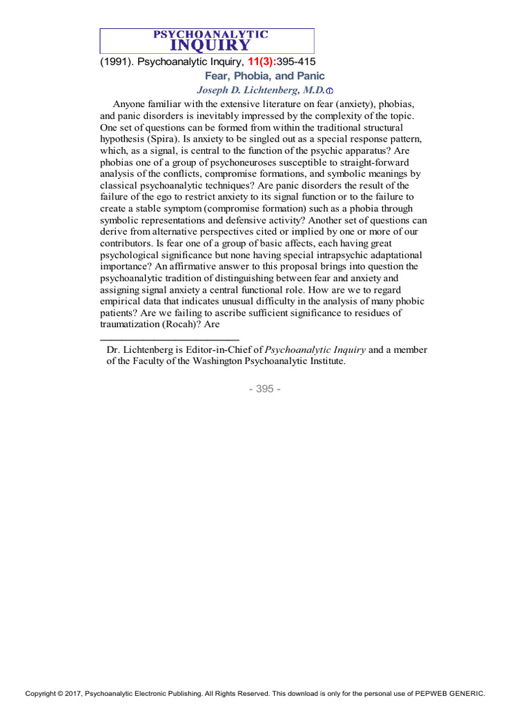 Fear Phobia And Panic Pdf Psychoanalysis Fear