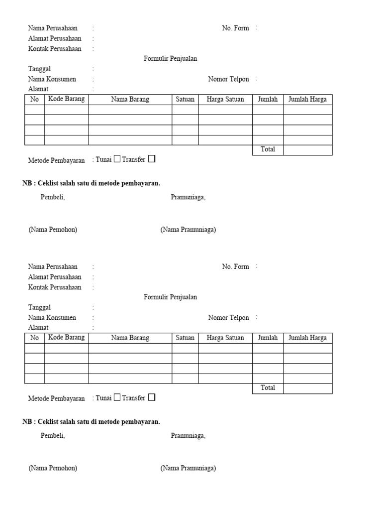 Contoh Formulir Penjualan | PDF
