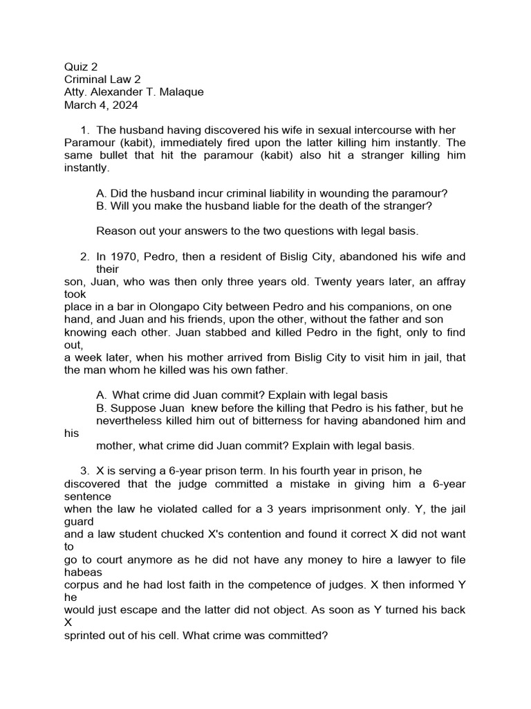 Criminal Law Book 2... Quiz 2 | PDF | Crimes | Crime & Violence