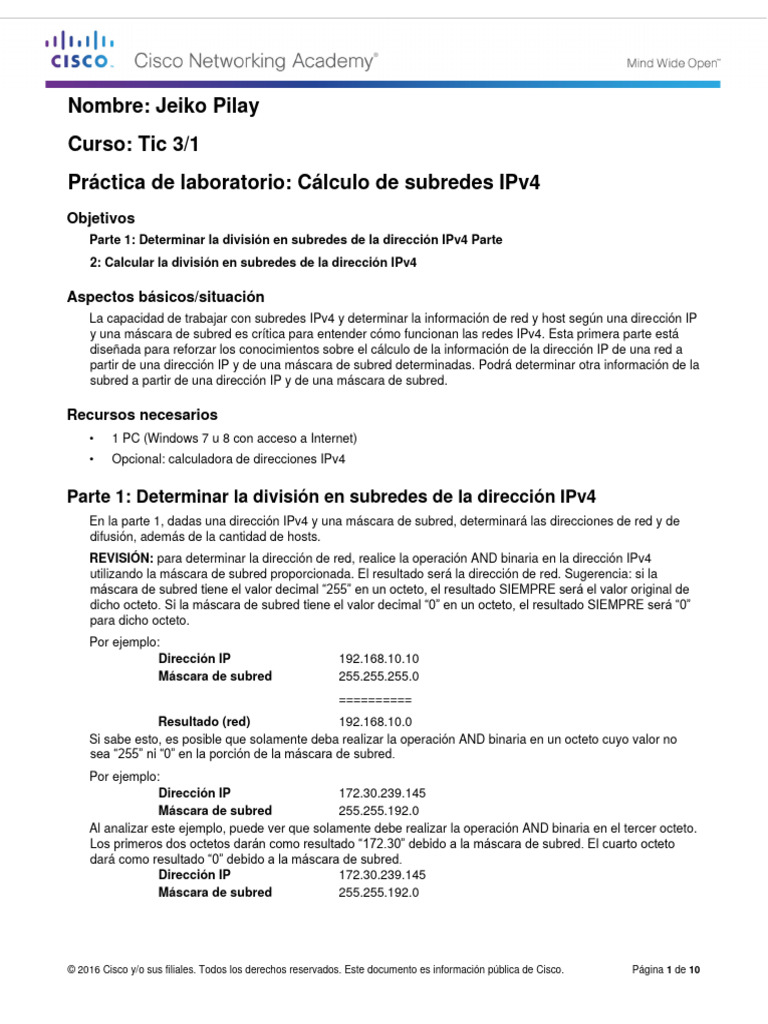 Tarea Calculating Ipv4 Subnets | PDF | Dirección IP | Arquitectura de Computadores