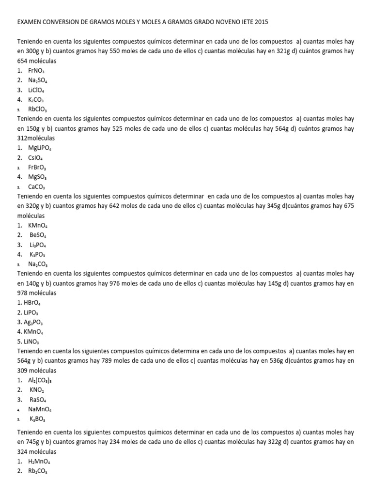 Ejercicios de Conversión Gramos-Moles | PDF | Química Física | Química
