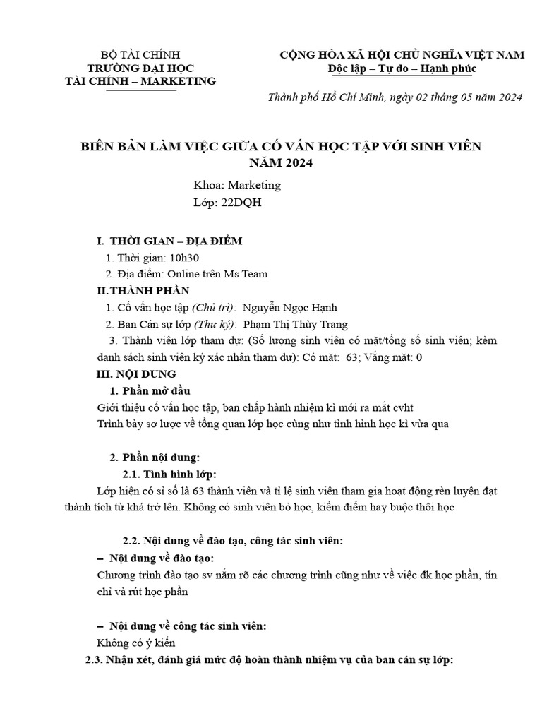 Bien Ban Lam Viec Giua CVHT - SV | PDF