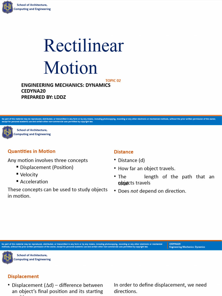 CEDYNA20 - Topic 02 - Rectilinear Motion | PDF | Acceleration | Classical Mechanics