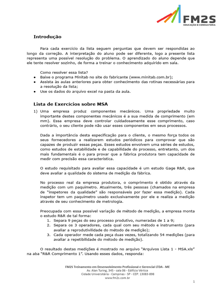 (FM2S) Lista de Exercícios 1 - MSA | PDF | Medição | Qualidade (negócios)