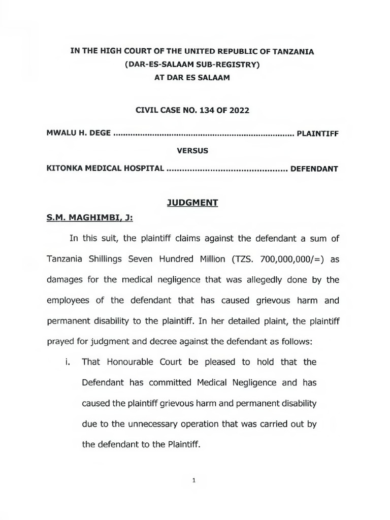 Mwalu H Dege Vs Kitonka Medical Hospital (Civil Case No134 of 2022 ...