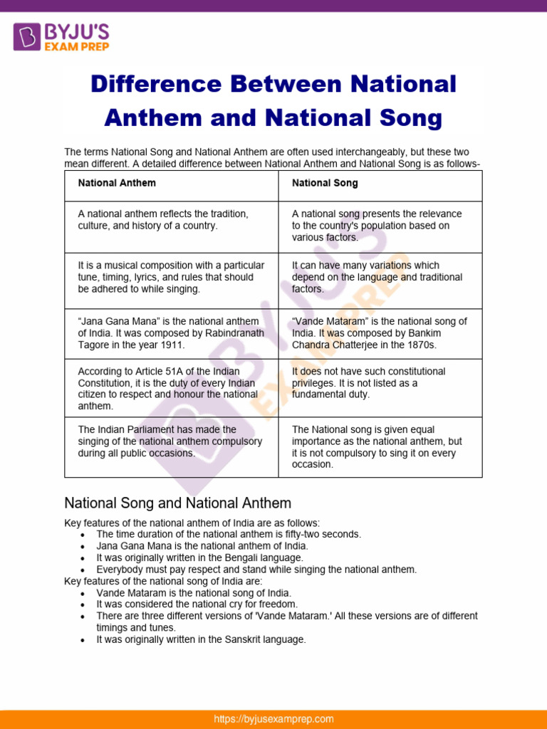 National Anthem vs National Song Explained | PDF | Foreign Language ...
