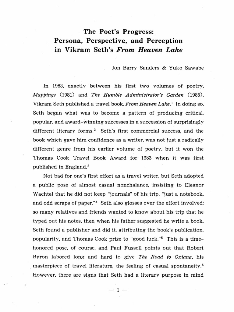 Vikram Seth From Heavens Lake Study Notes | PDF