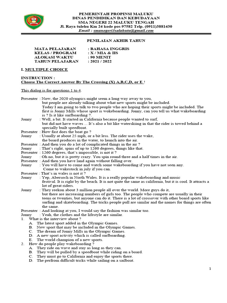 Soal Bahasa Inggris Kelas X Semester Genap 2022 | PDF | Bali